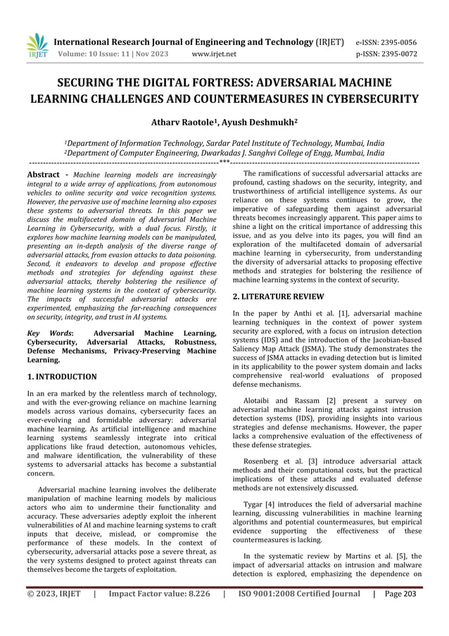 SECURING THE DIGITAL FORTRESS: ADVERSARIAL MACHINE LEARNING CHALLENGES AND COUNTERMEASURES IN ...