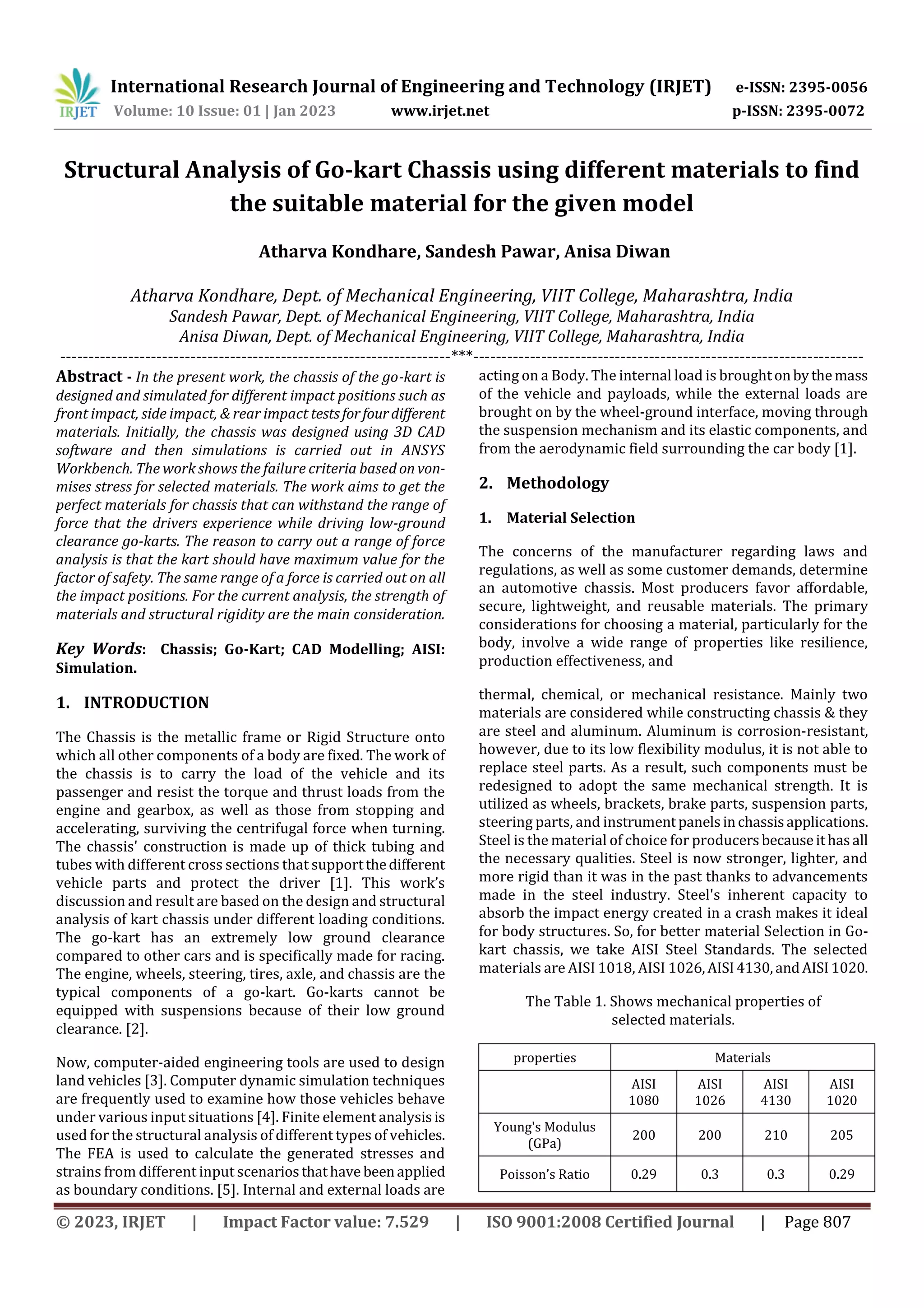 Structural Analysis of Go-kart Chassis using different materials to find the suitable material ...