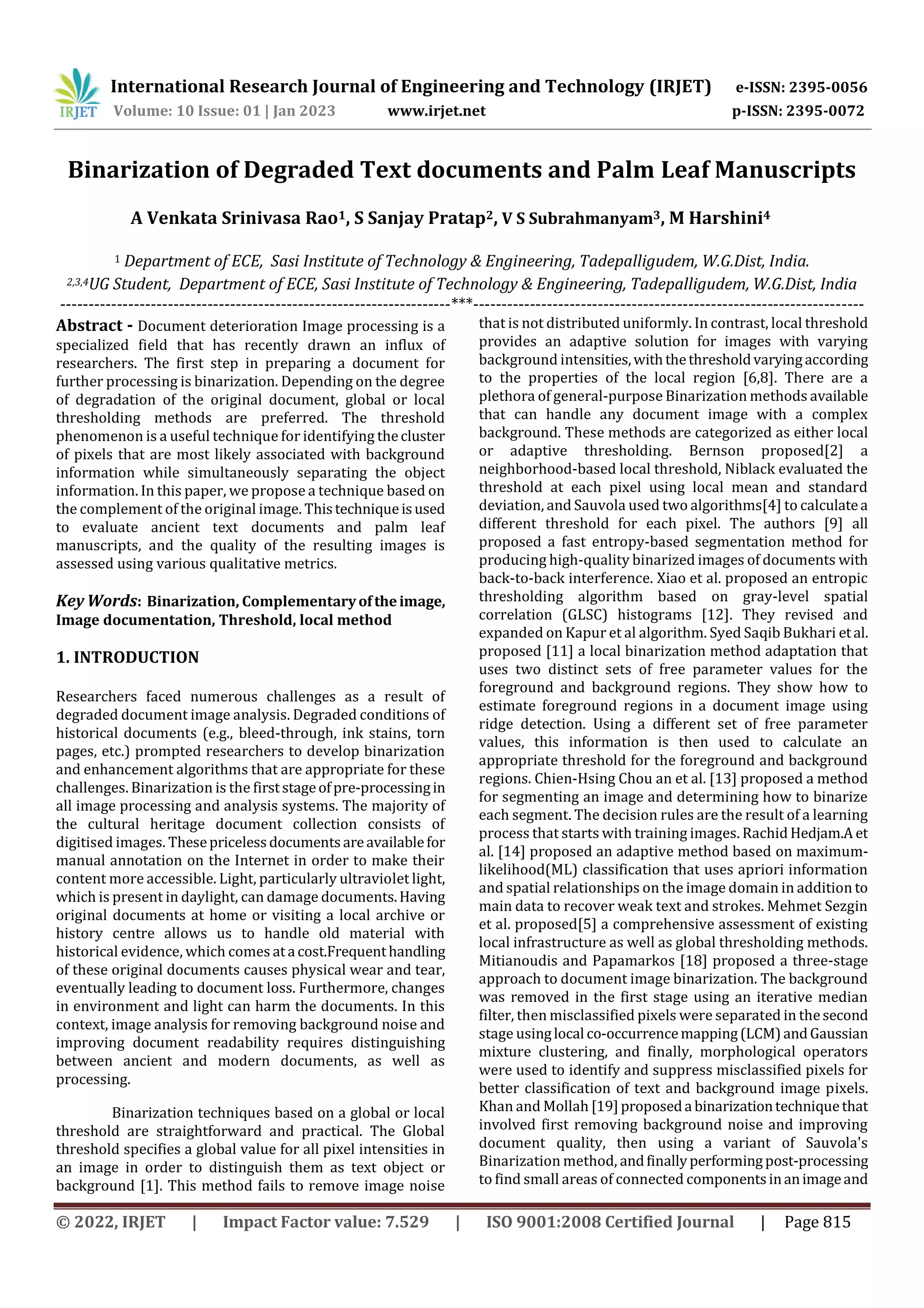 Binarization of Degraded Text documents and Palm Leaf Manuscripts | PDF | Photo Editing Software ...