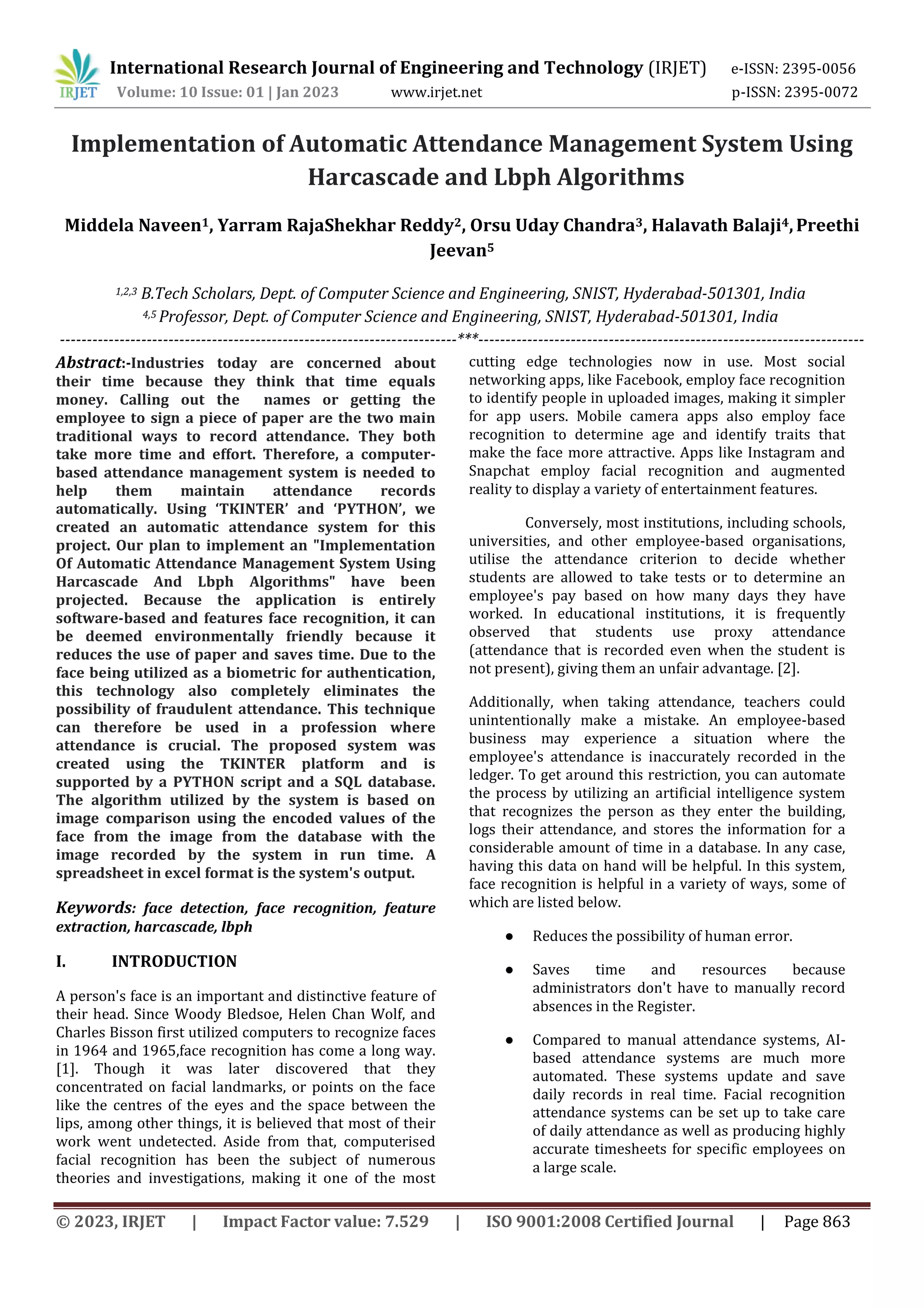 Implementation of Automatic Attendance Management System Using Harcascade and Lbph Algorithms | PDF