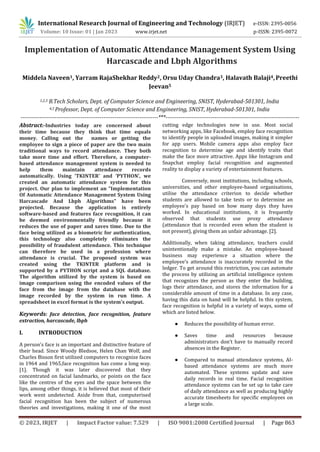 Implementation of Automatic Attendance Management System Using Harcascade and Lbph Algorithms | PDF