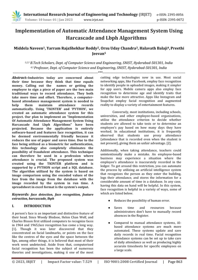 Implementation of Automatic Attendance Management System Using Harcascade and Lbph Algorithms | PDF