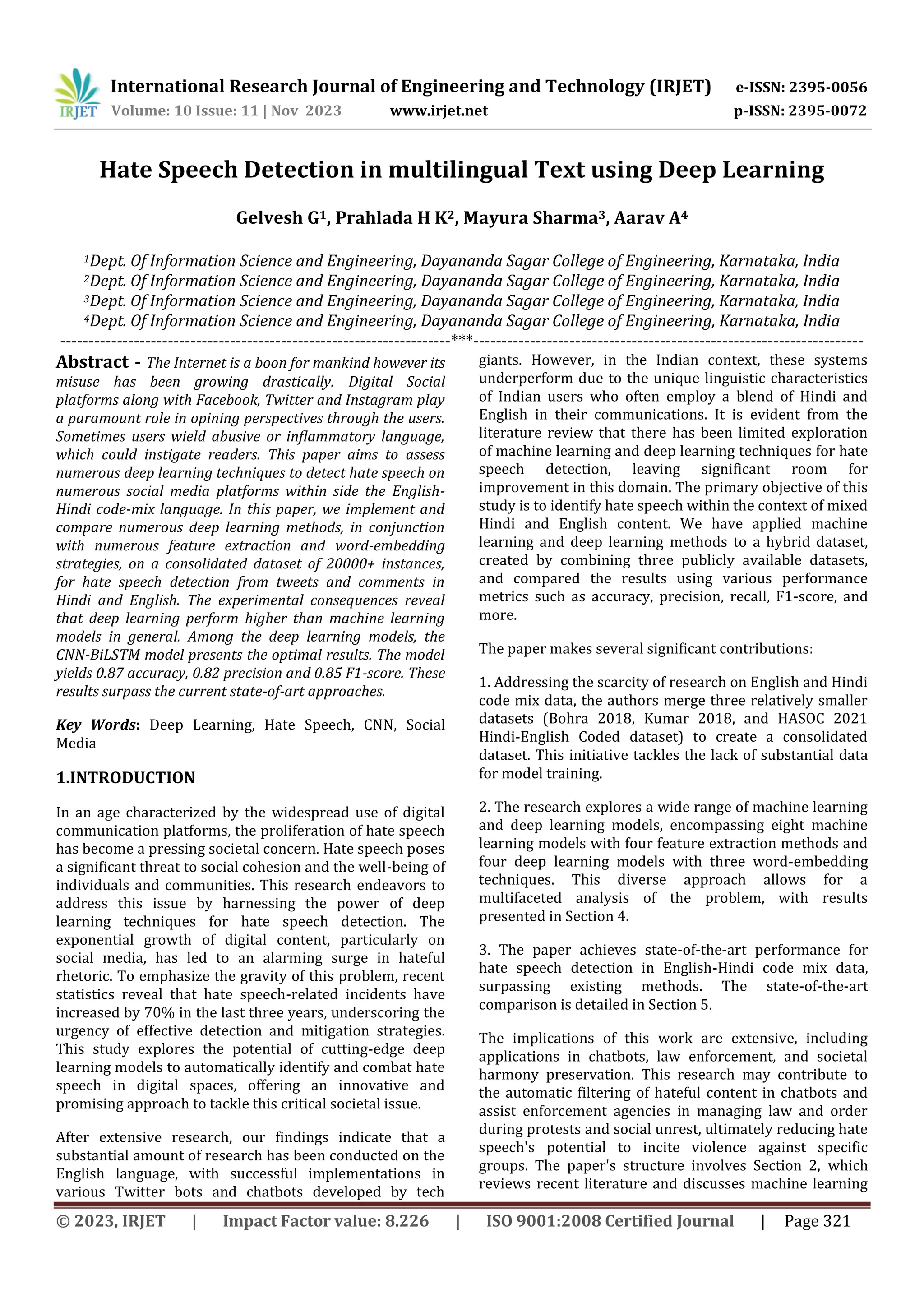 Hate Speech Detection in multilingual Text using Deep Learning | PDF