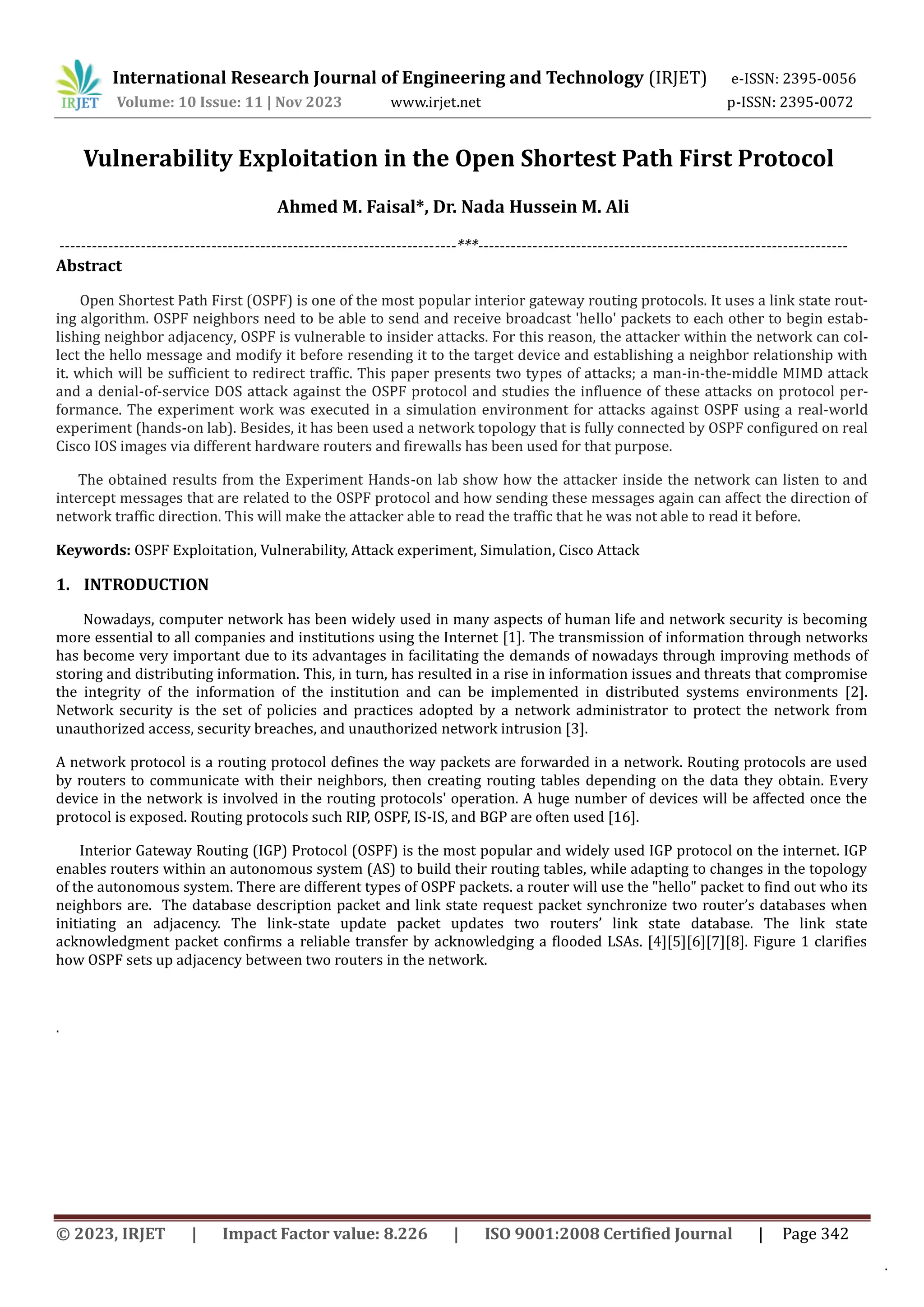 Vulnerability Exploitation In The Open Shortest Path First Protocol Pdf