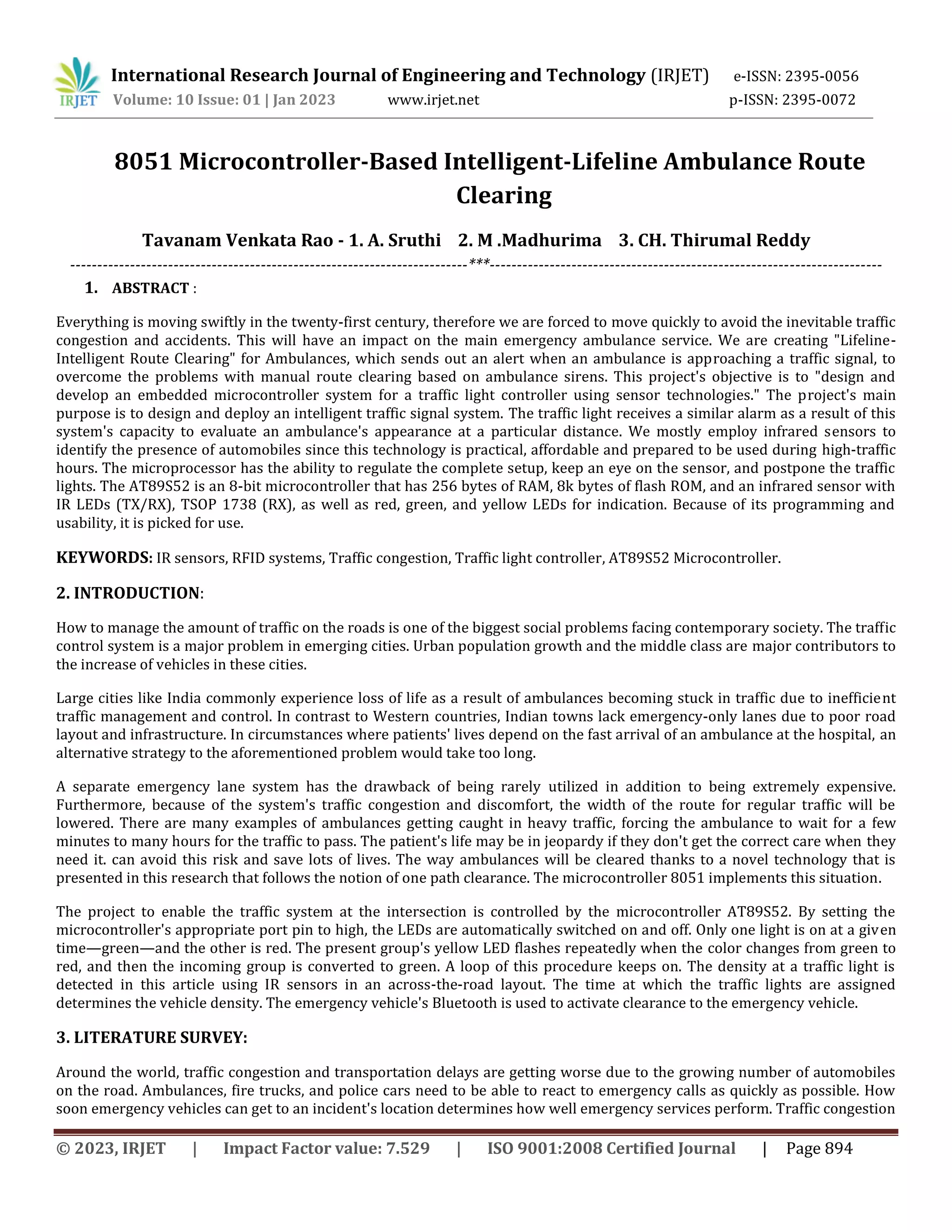 8051 Microcontroller-Based Intelligent-Lifeline Ambulance Route Clearing | PDF