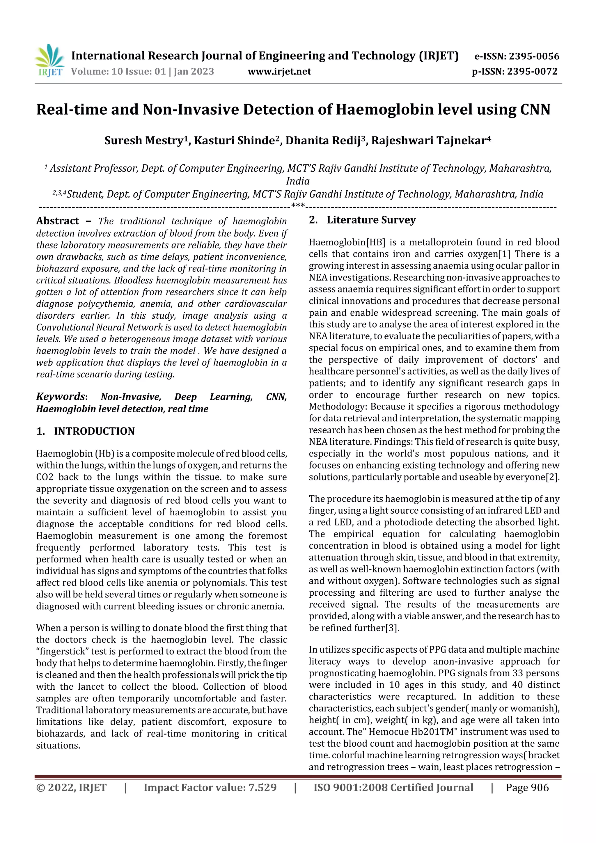 Real-time and Non-Invasive Detection of Haemoglobin level using CNN | PDF