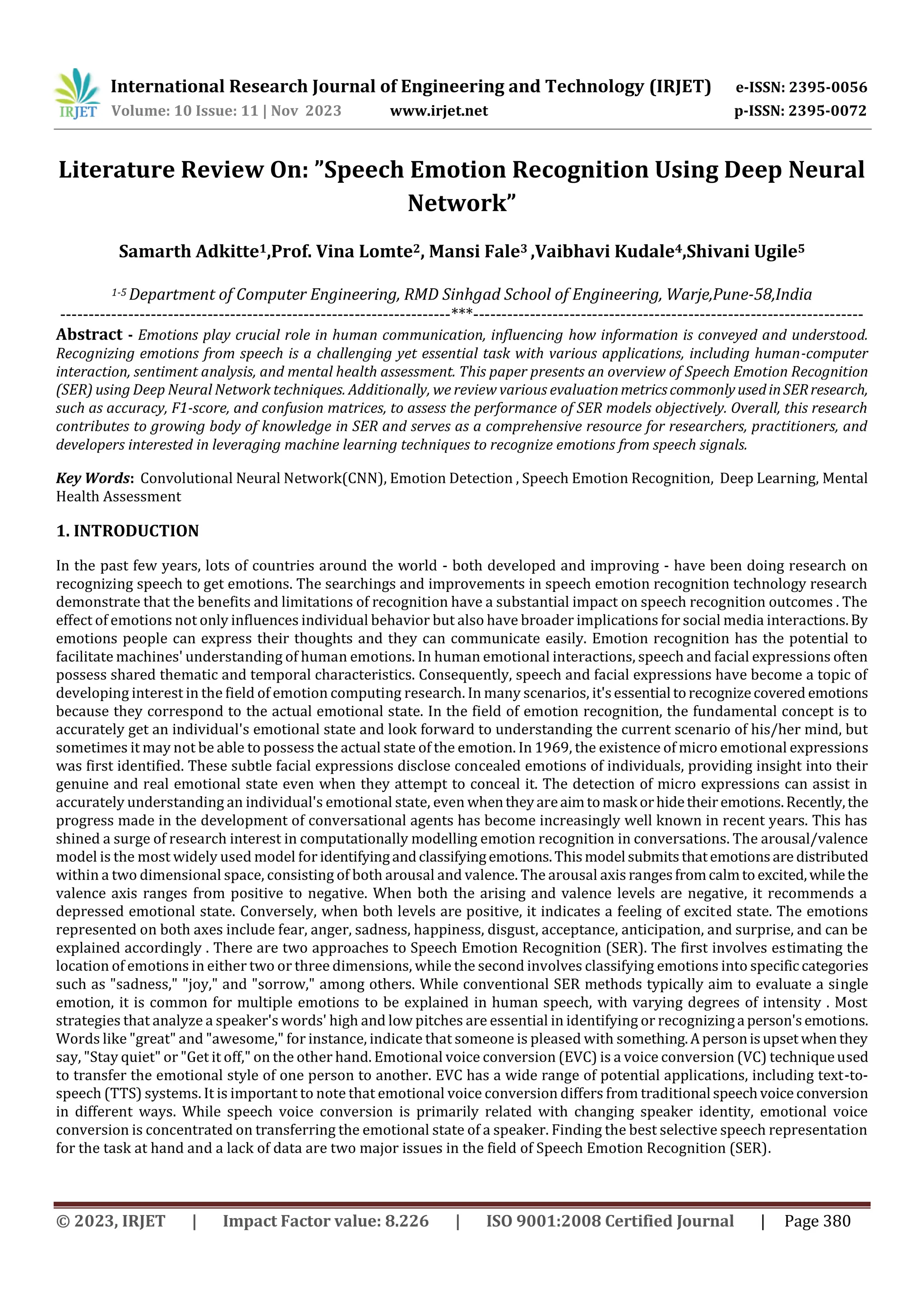 Literature Review On: ”Speech Emotion Recognition Using Deep Neural Network” | PDF