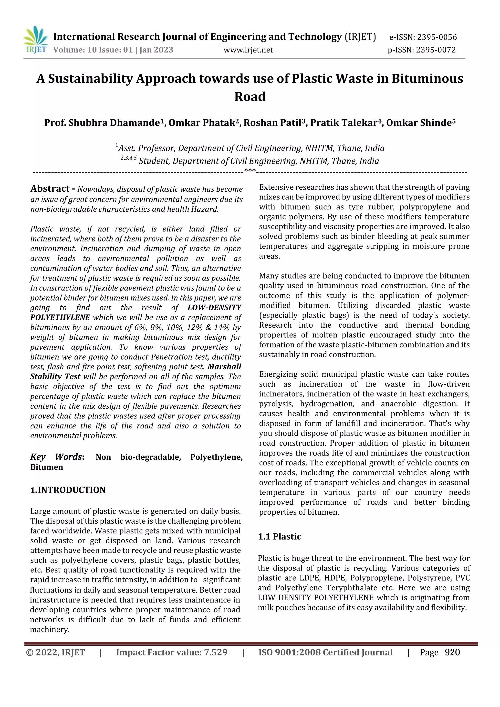 A Sustainability Approach towards use of Plastic Waste in Bituminous ...