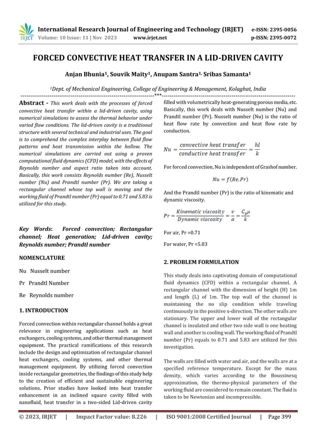 FORCED CONVECTIVE HEAT TRANSFER IN A LID-DRIVEN CAVITY | PDF