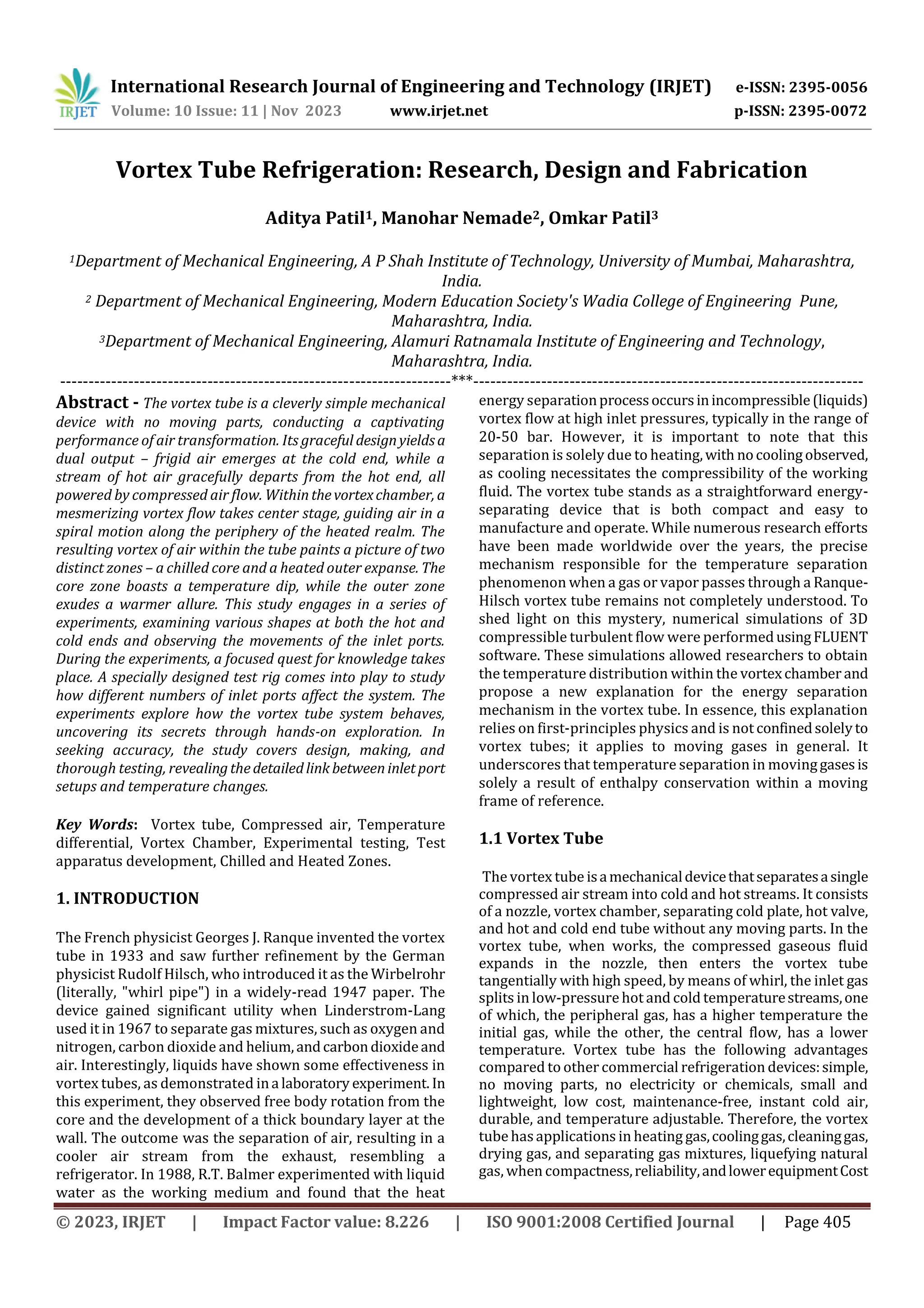 Vortex Tube Refrigeration: Research, Design and Fabrication | PDF