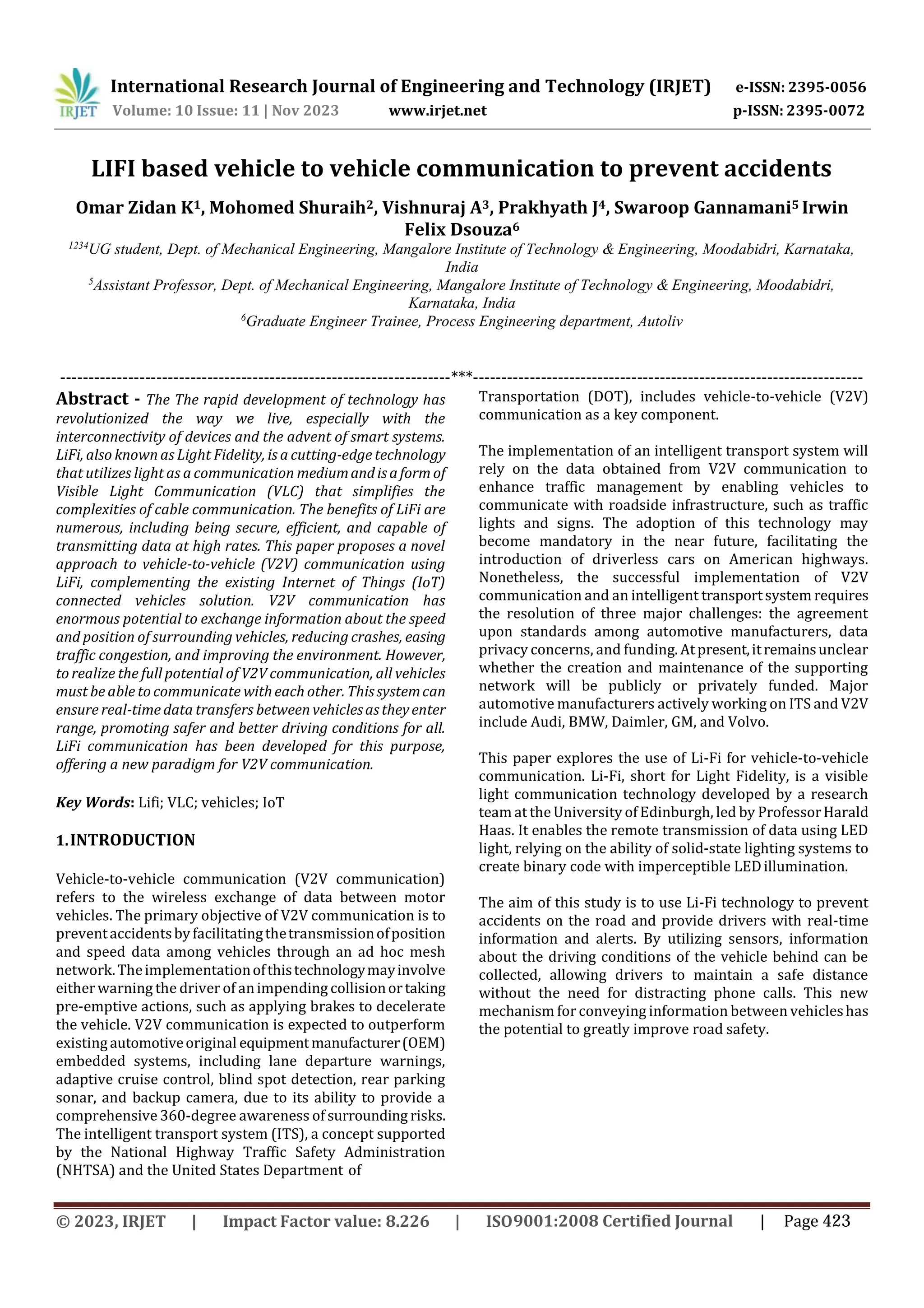 LIFI based vehicle to vehicle communication to prevent accidents | PDF