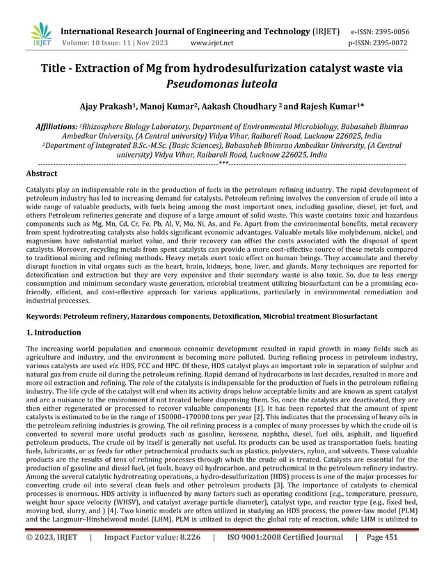 Title - Extraction of Mg from hydrodesulfurization catalyst waste via ...