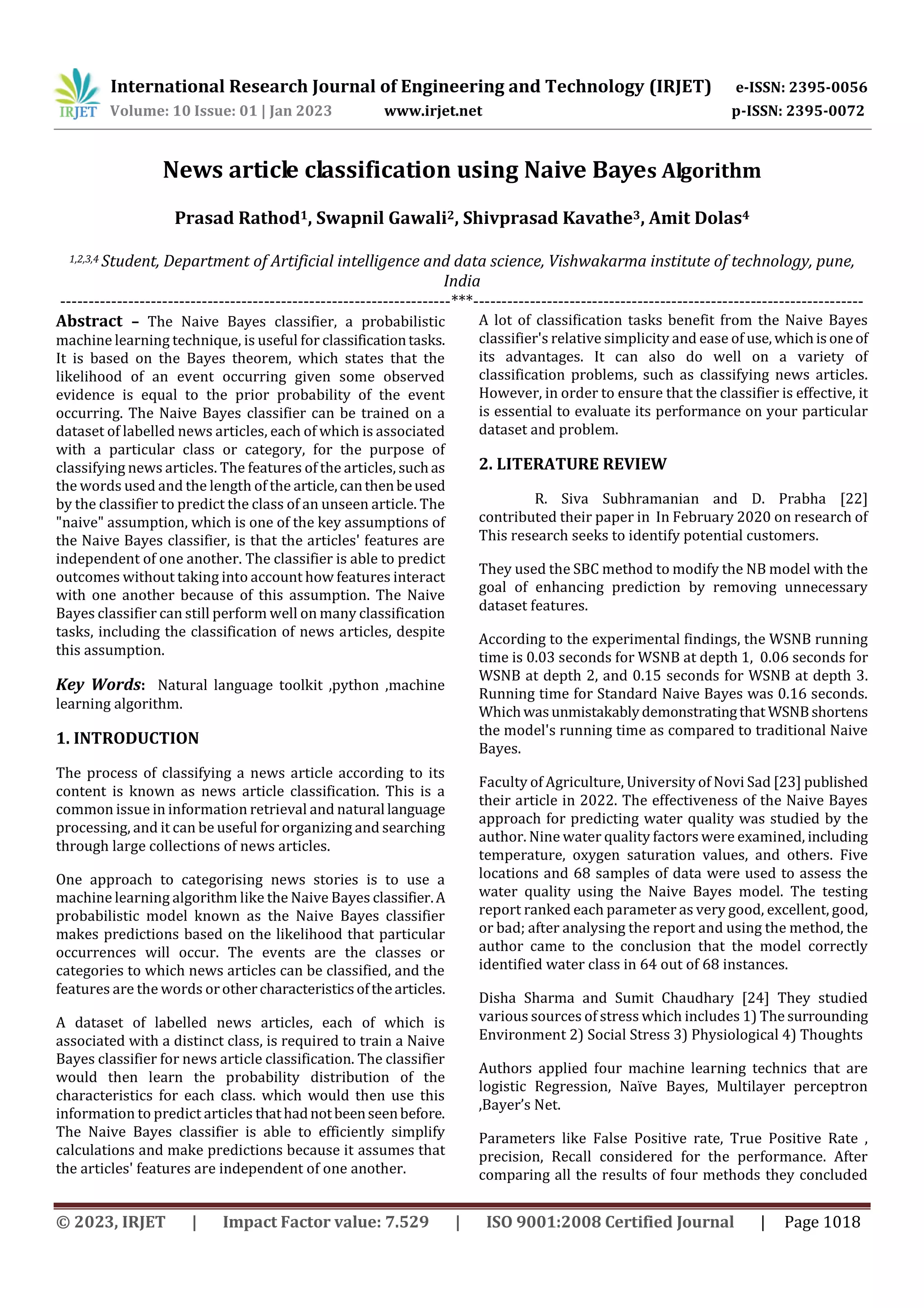 News Article Classification Using Naive Bayes Algorithm Pdf Technology And Computing