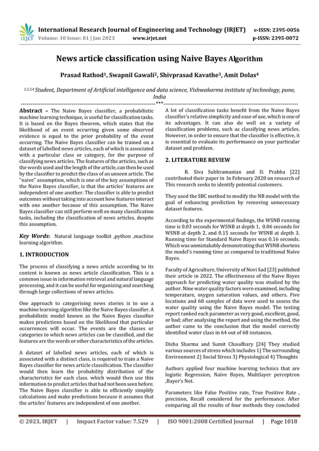 News article classification using Naive Bayes Algorithm | PDF | Technology & Computing