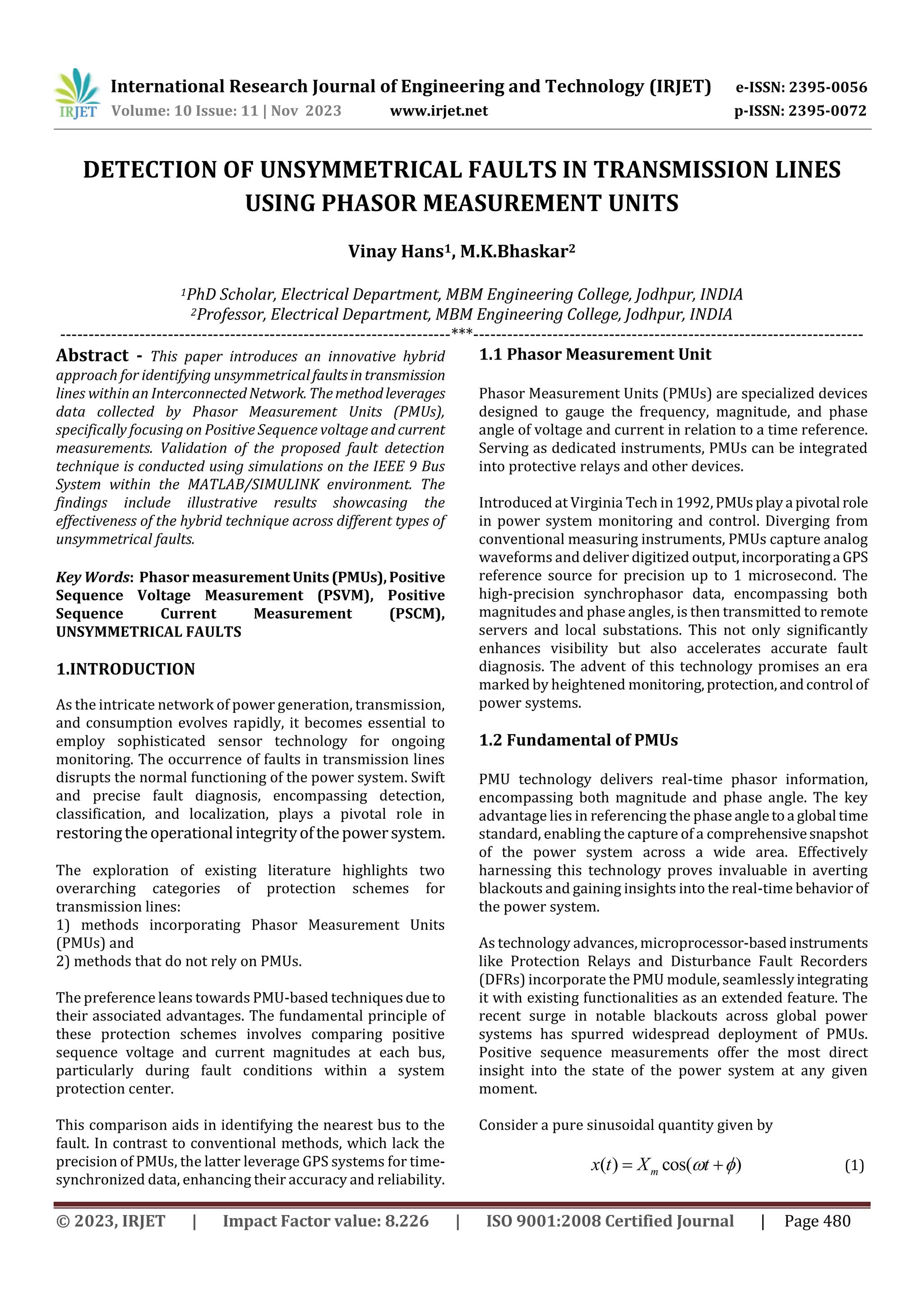 DETECTION OF UNSYMMETRICAL FAULTS IN TRANSMISSION LINES USING PHASOR MEASUREMENT UNITS | PDF