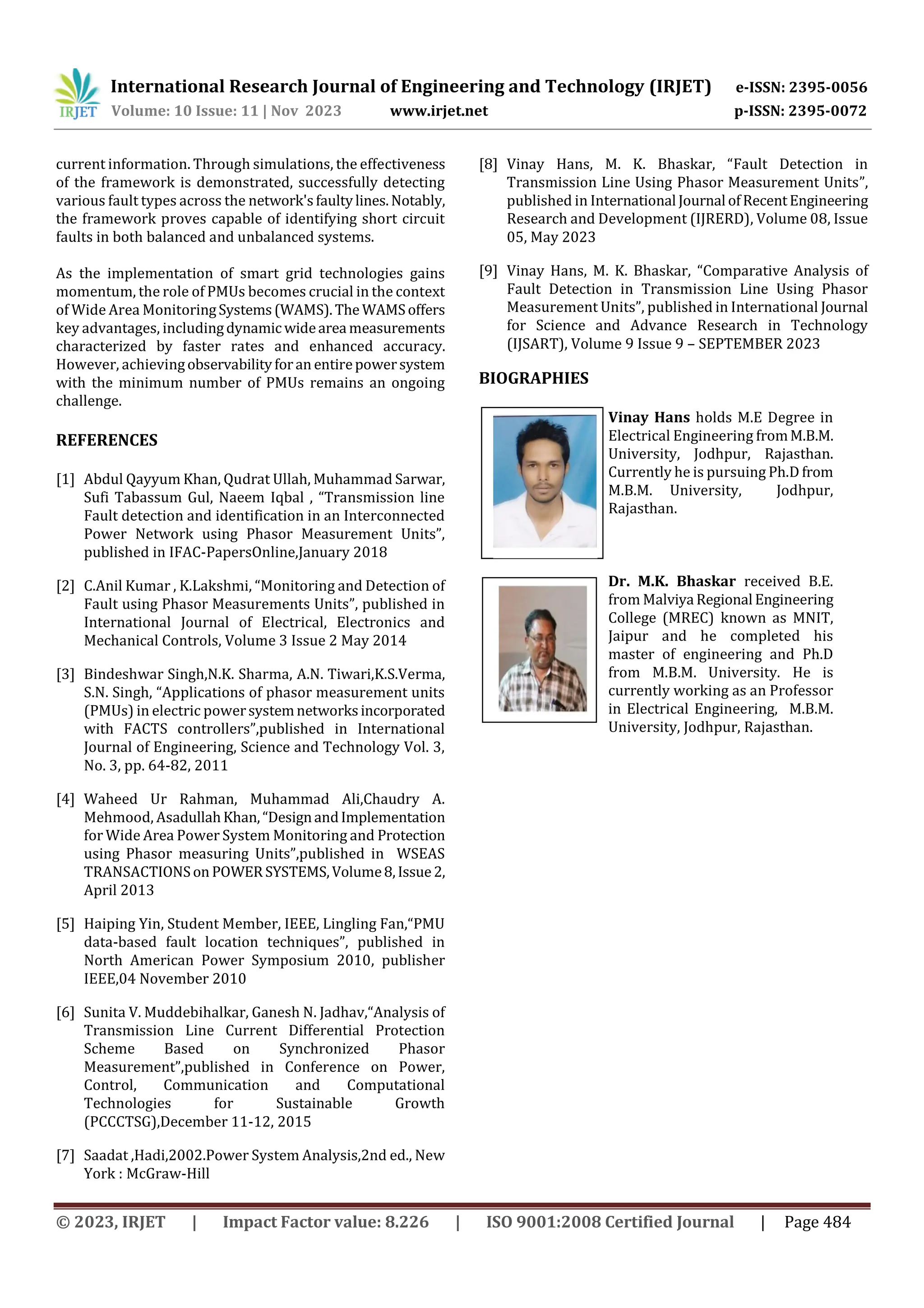 DETECTION OF UNSYMMETRICAL FAULTS IN TRANSMISSION LINES USING PHASOR MEASUREMENT UNITS | PDF