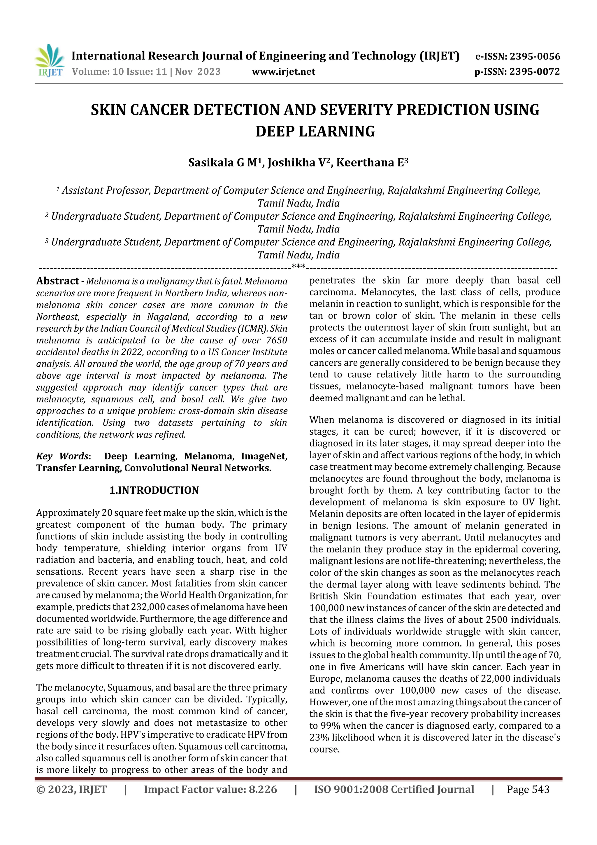 Skin Cancer Detection And Severity Prediction Using Deep Learning Pdf