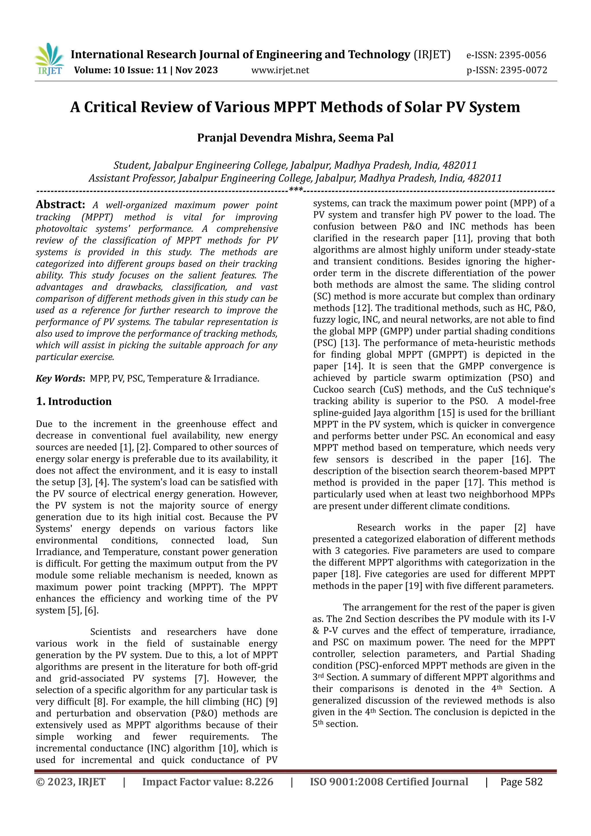 A Critical Review of Various MPPT Methods of Solar PV System | PDF