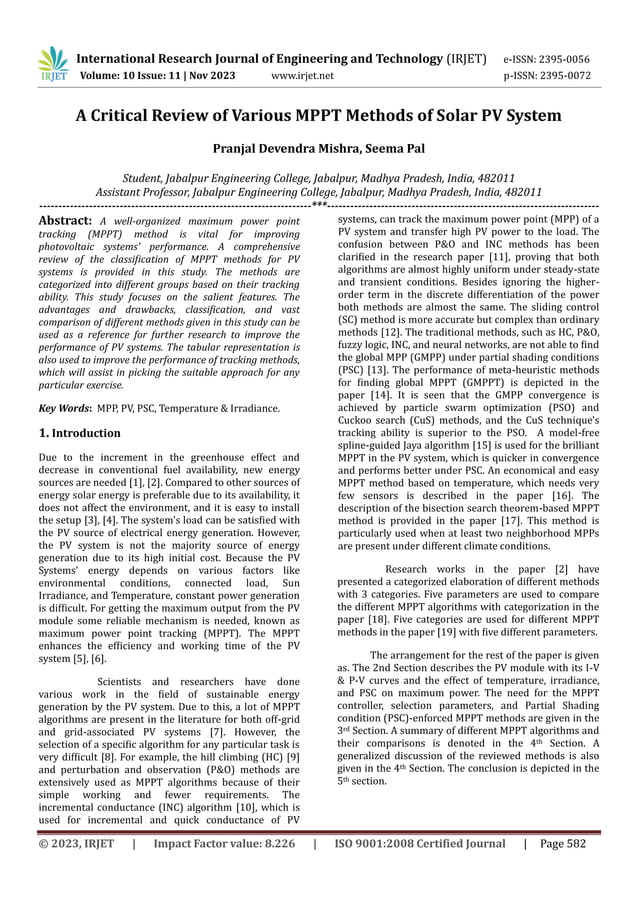 A Critical Review of Various MPPT Methods of Solar PV System | PDF