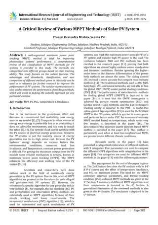 A Critical Review of Various MPPT Methods of Solar PV System | PDF
