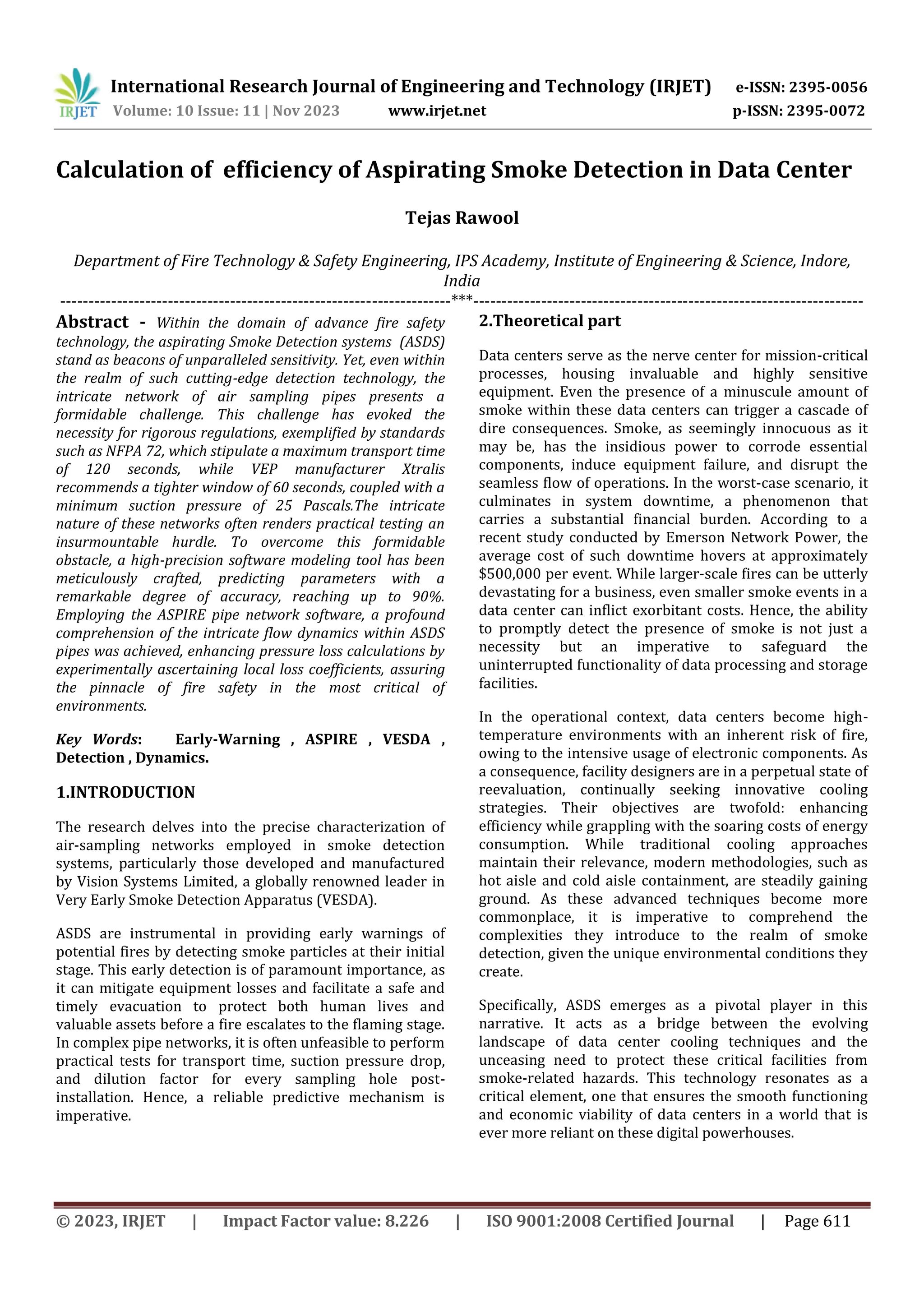 Calculation of efficiency of Aspirating Smoke Detection in Data Center | PDF