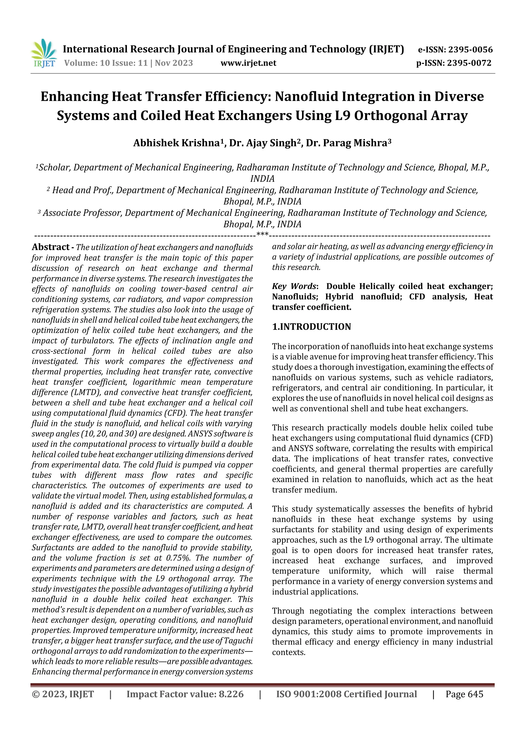 Enhancing Heat Transfer Efficiency: Nanofluid Integration in Diverse Systems and Coiled Heat ...