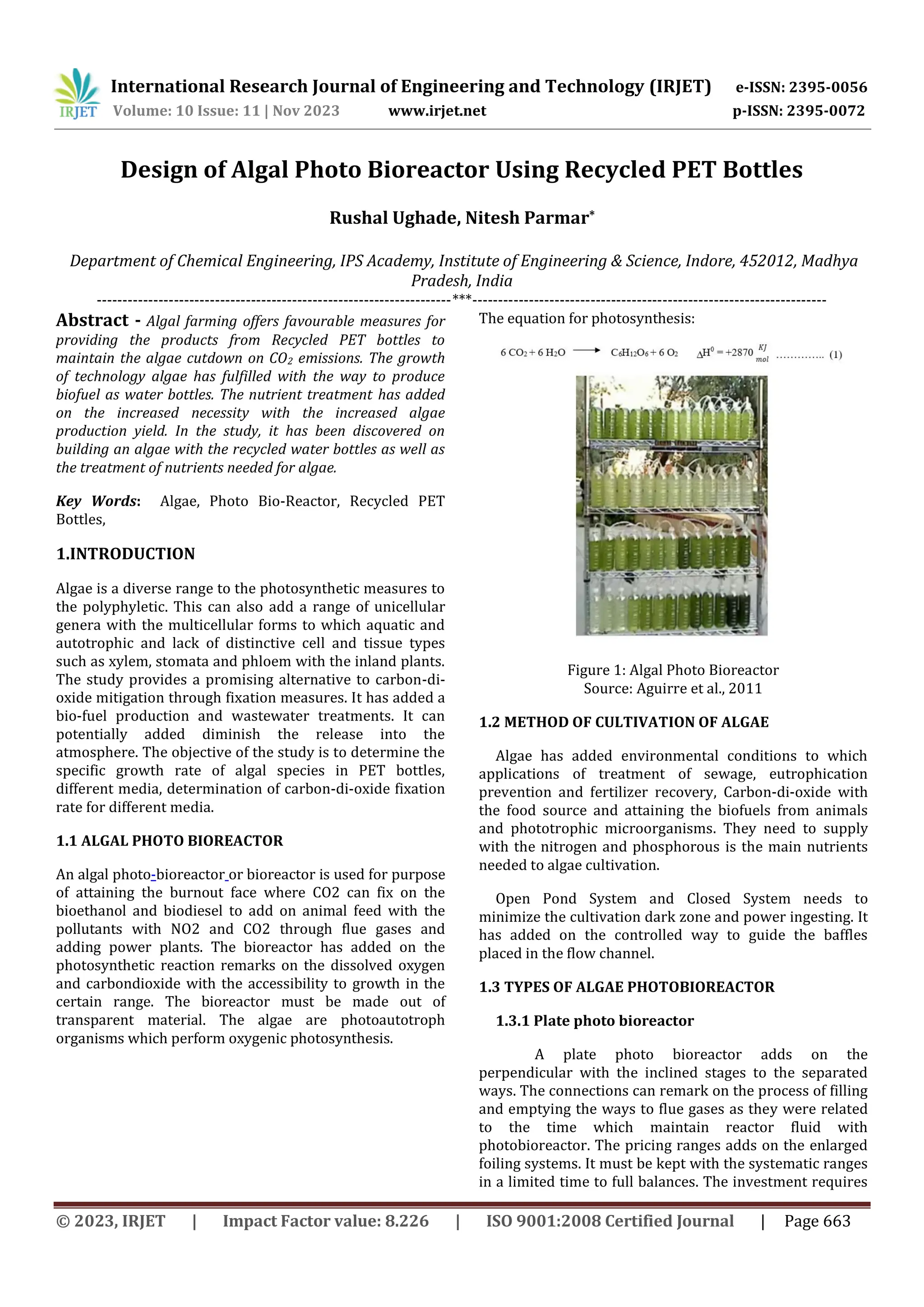 Design of Algal Photo Bioreactor Using Recycled PET Bottles | PDF