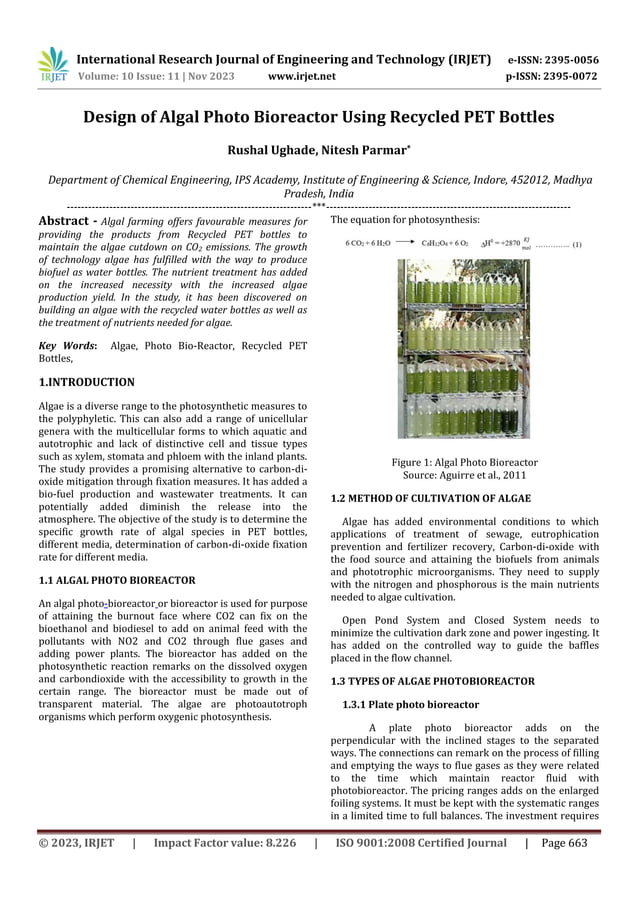 Design of Algal Photo Bioreactor Using Recycled PET Bottles | PDF