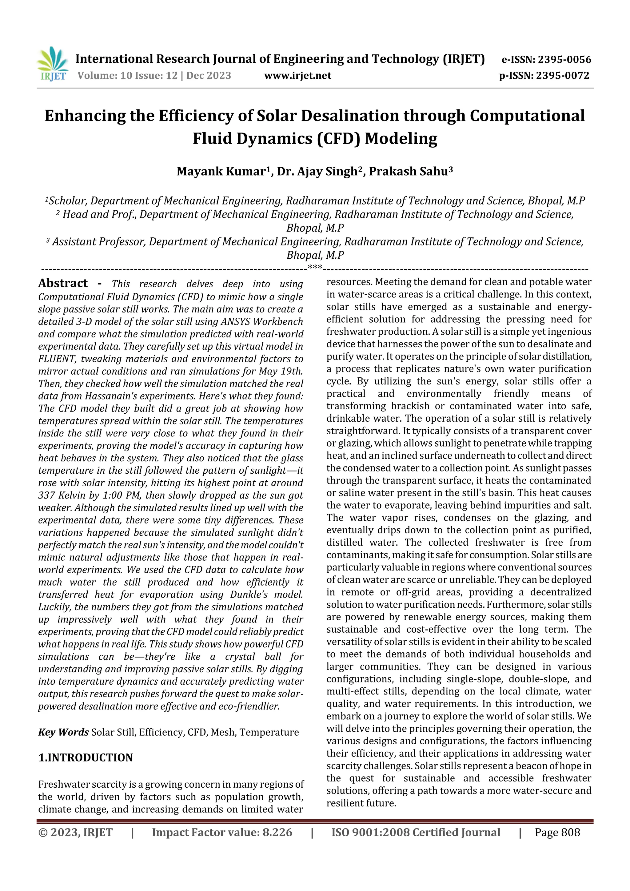 Enhancing the Efficiency of Solar Desalination through Computational Fluid Dynamics (CFD ...