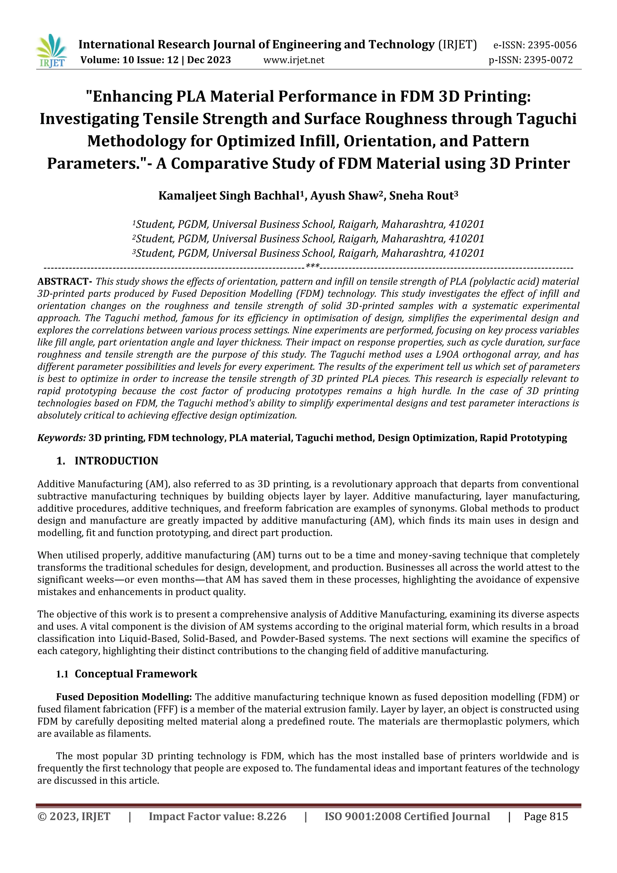 Enhancing PLA Material Performance in FDM 3D Printing: Investigating Tensile Strength and ...