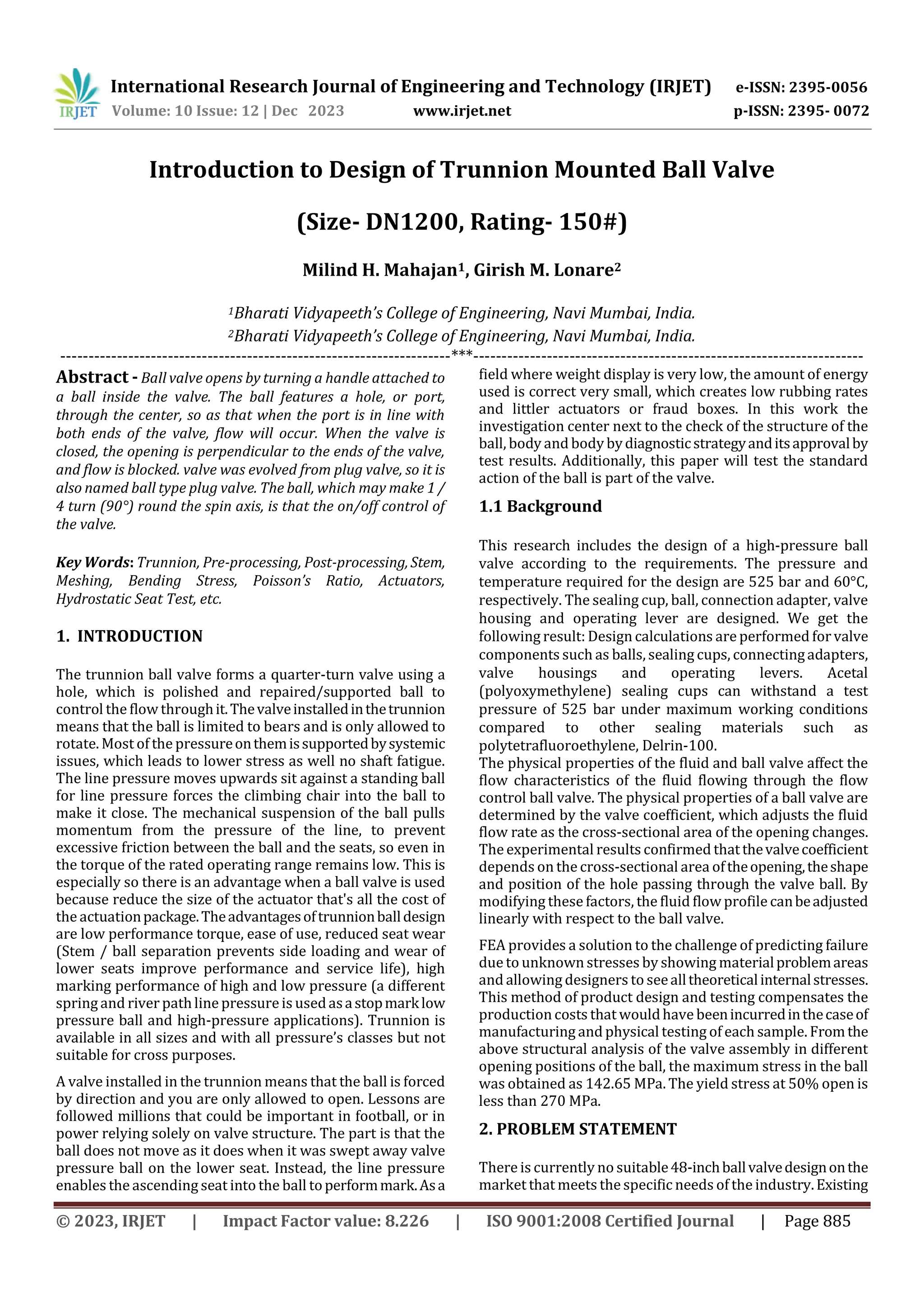 Introduction to Design of Trunnion Mounted Ball Valve (Size- DN1200, Rating- 150#) | PDF