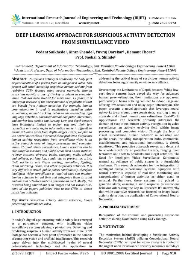 DEEP LEARNING APPROACH FOR SUSPICIOUS ACTIVITY DETECTION FROM SURVEILLANCE VIDEO | PDF