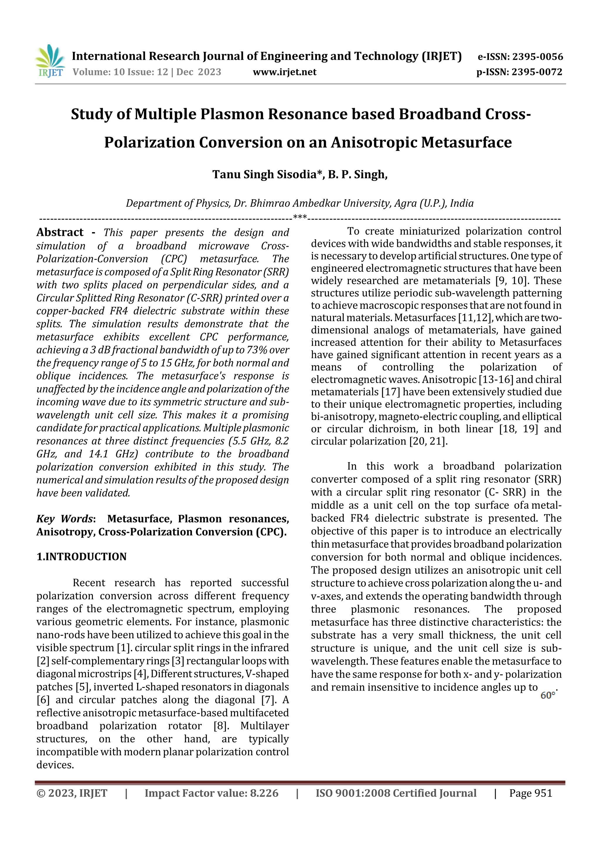 Study of Multiple Plasmon Resonance based Broadband Cross- Polarization ...
