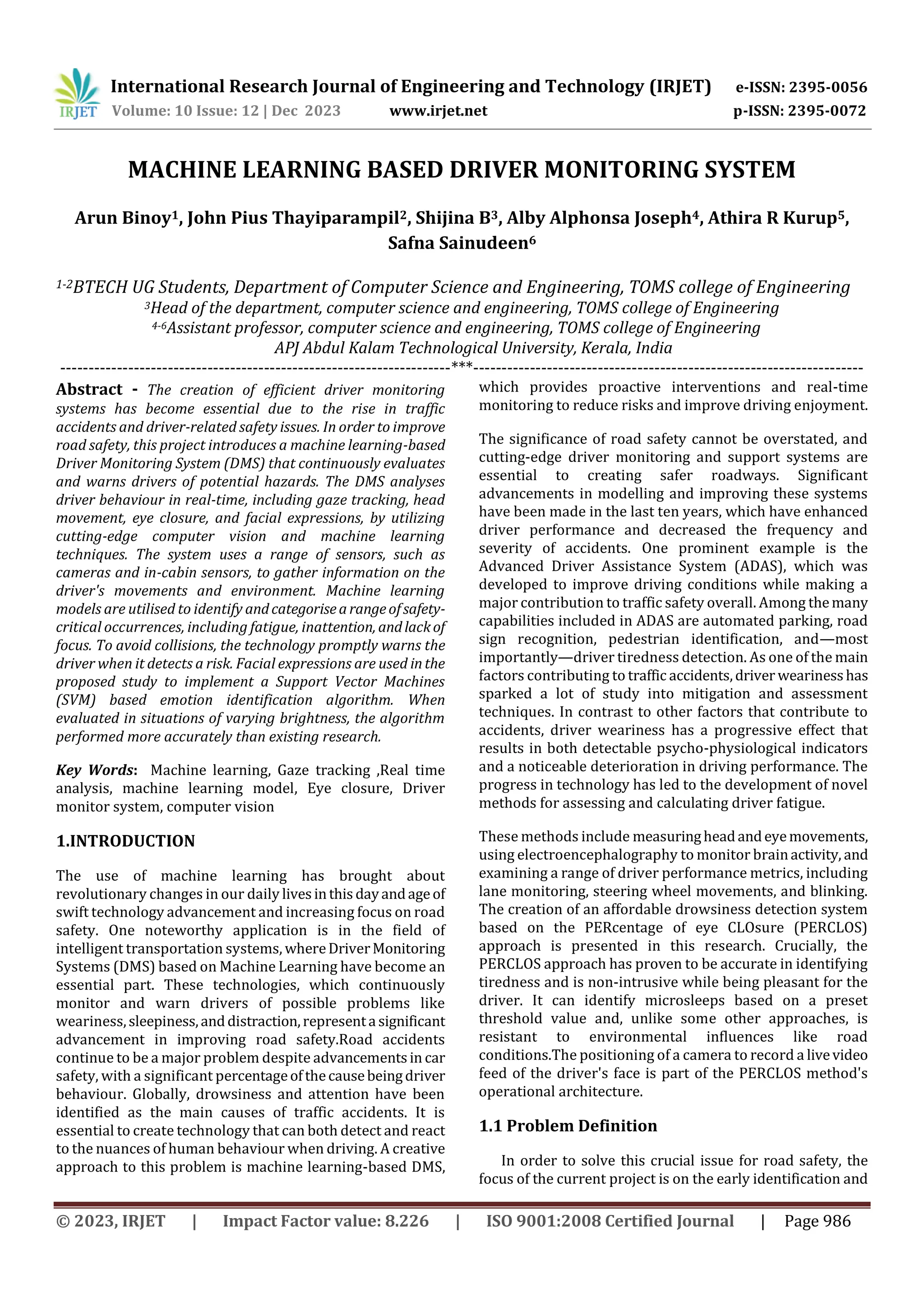 MACHINE LEARNING BASED DRIVER MONITORING SYSTEM | PDF
