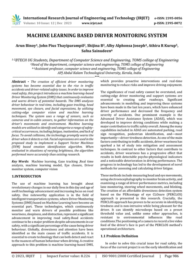 MACHINE LEARNING BASED DRIVER MONITORING SYSTEM | PDF