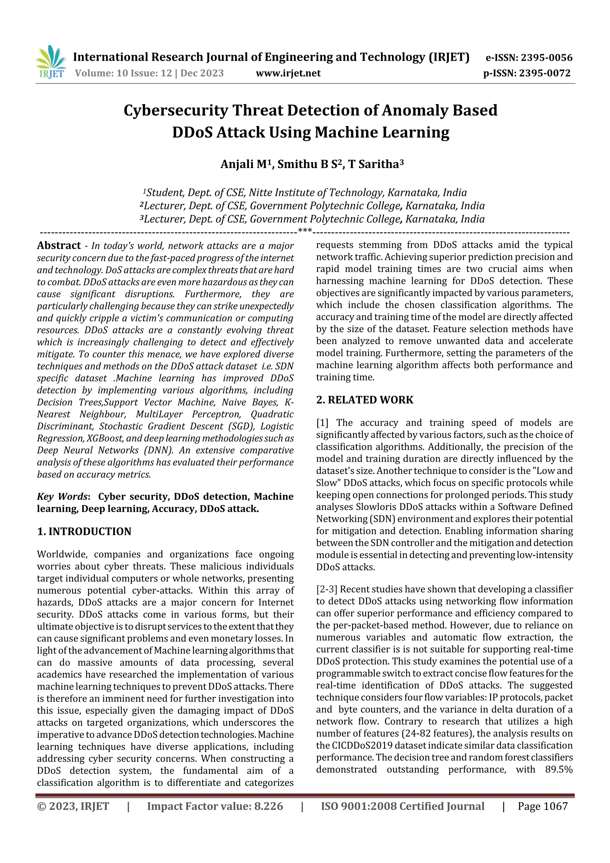 Cybersecurity Threat Detection Of Anomaly Based Ddos Attack Using Machine Learning Pdf