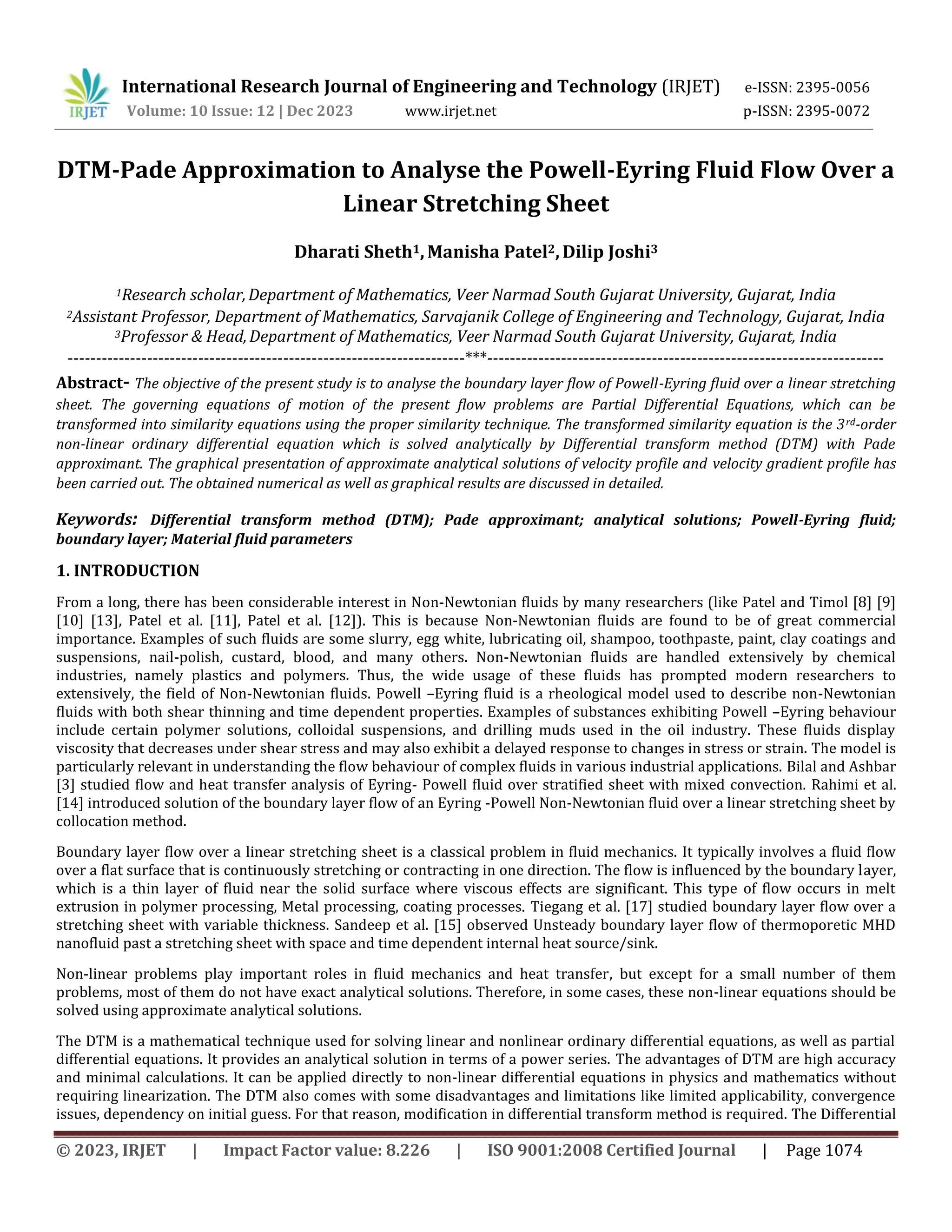 DTM-Pade Approximation to Analyse the Powell-Eyring Fluid Flow Over a Linear Stretching Sheet | PDF