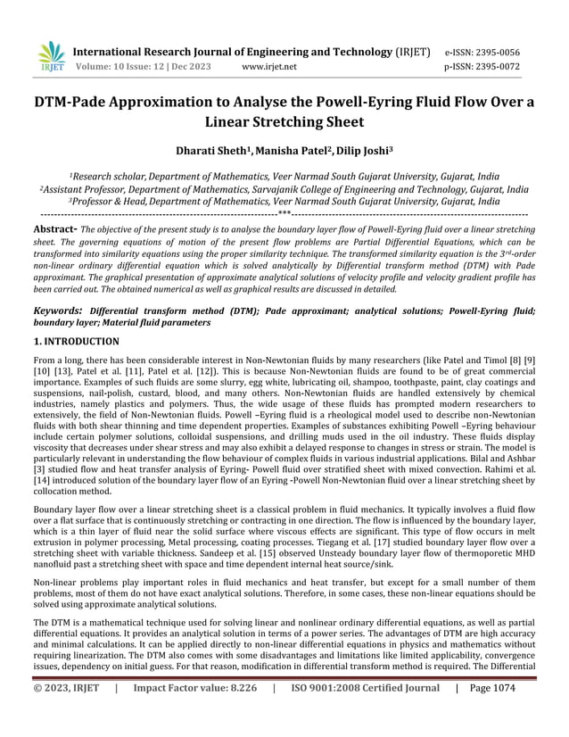DTM-Pade Approximation to Analyse the Powell-Eyring Fluid Flow Over a Linear Stretching Sheet | PDF