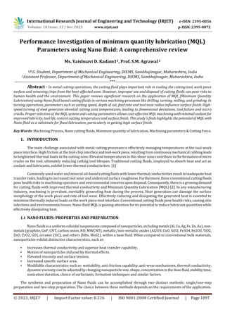 Performance Investigation of minimum quantity lubrication (MQL) Parameters using Nano fluid: A ...