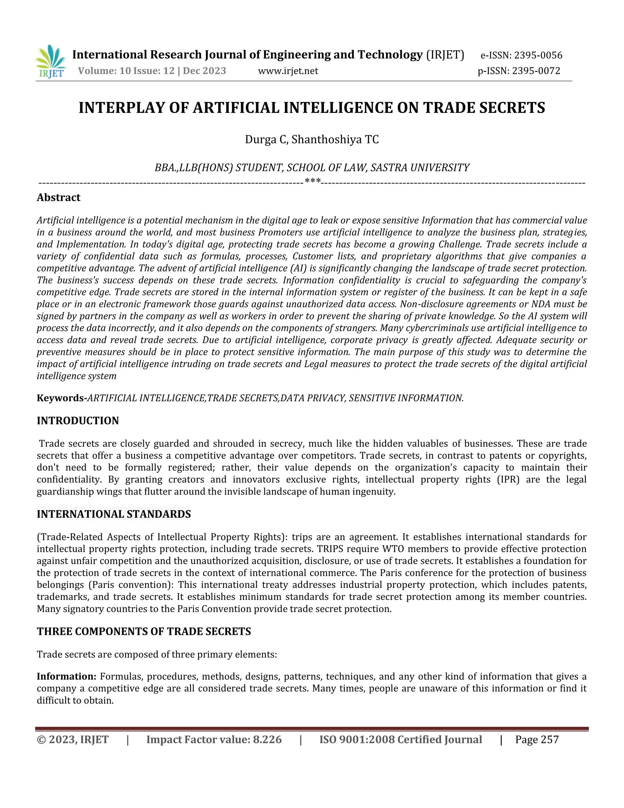 INTERPLAY OF ARTIFICIAL INTELLIGENCE ON TRADE SECRETS | PDF | Technology Industry | Industries