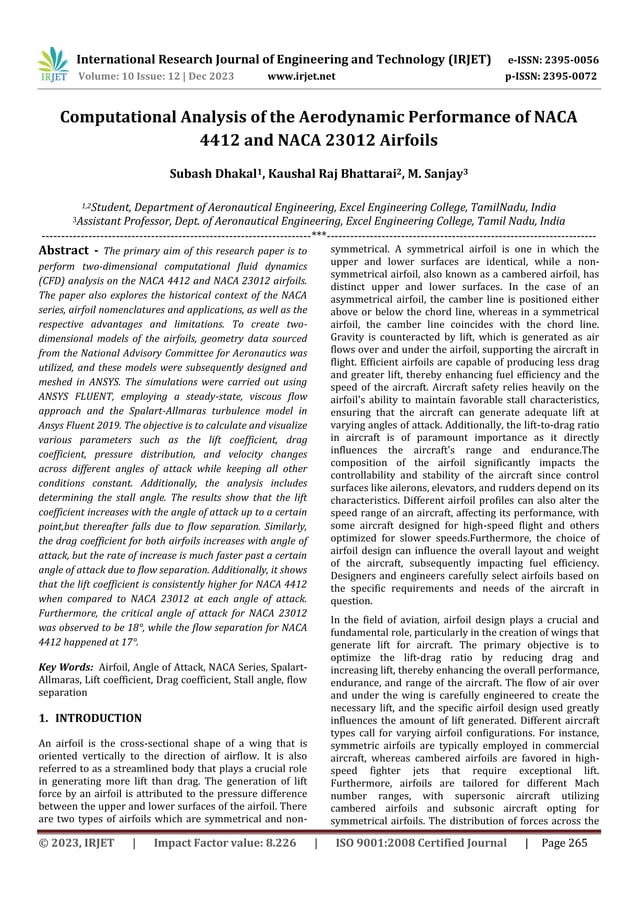 Computational Analysis of the Aerodynamic Performance of NACA 4412 and NACA 23012 Airfoils | PDF ...