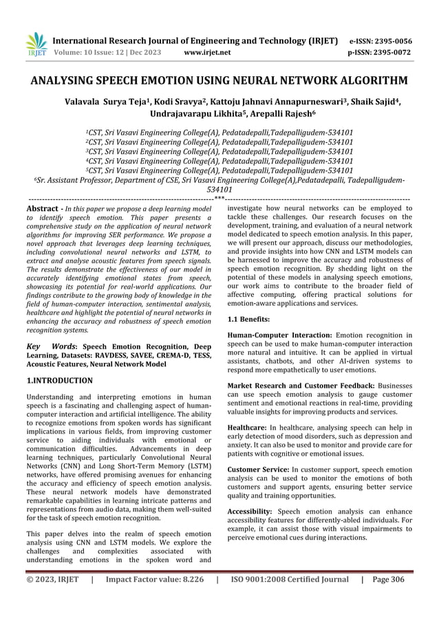 ANALYSING SPEECH EMOTION USING NEURAL NETWORK ALGORITHM | PDF