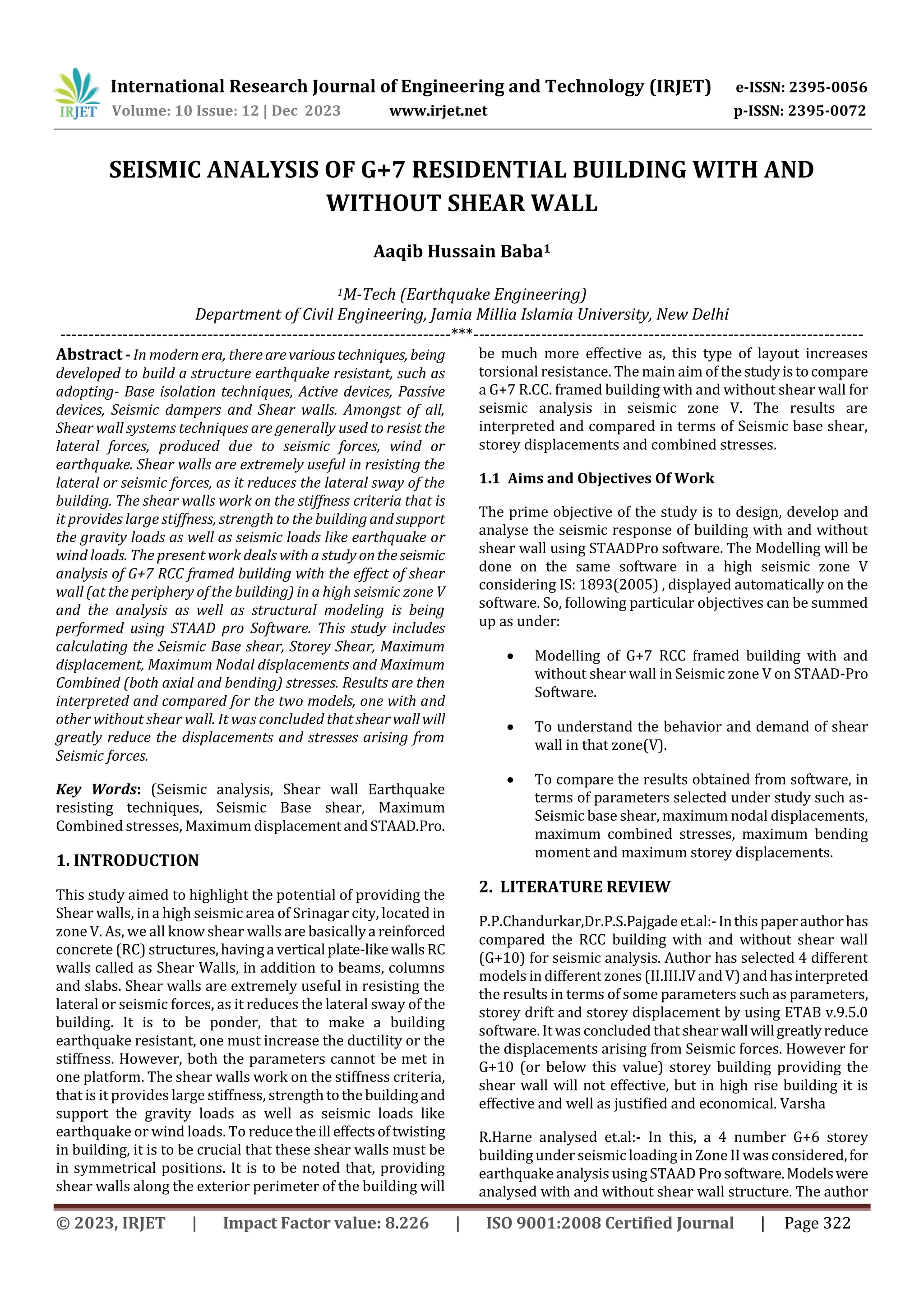 SEISMIC ANALYSIS OF G+7 RESIDENTIAL BUILDING WITH AND WITHOUT SHEAR ...