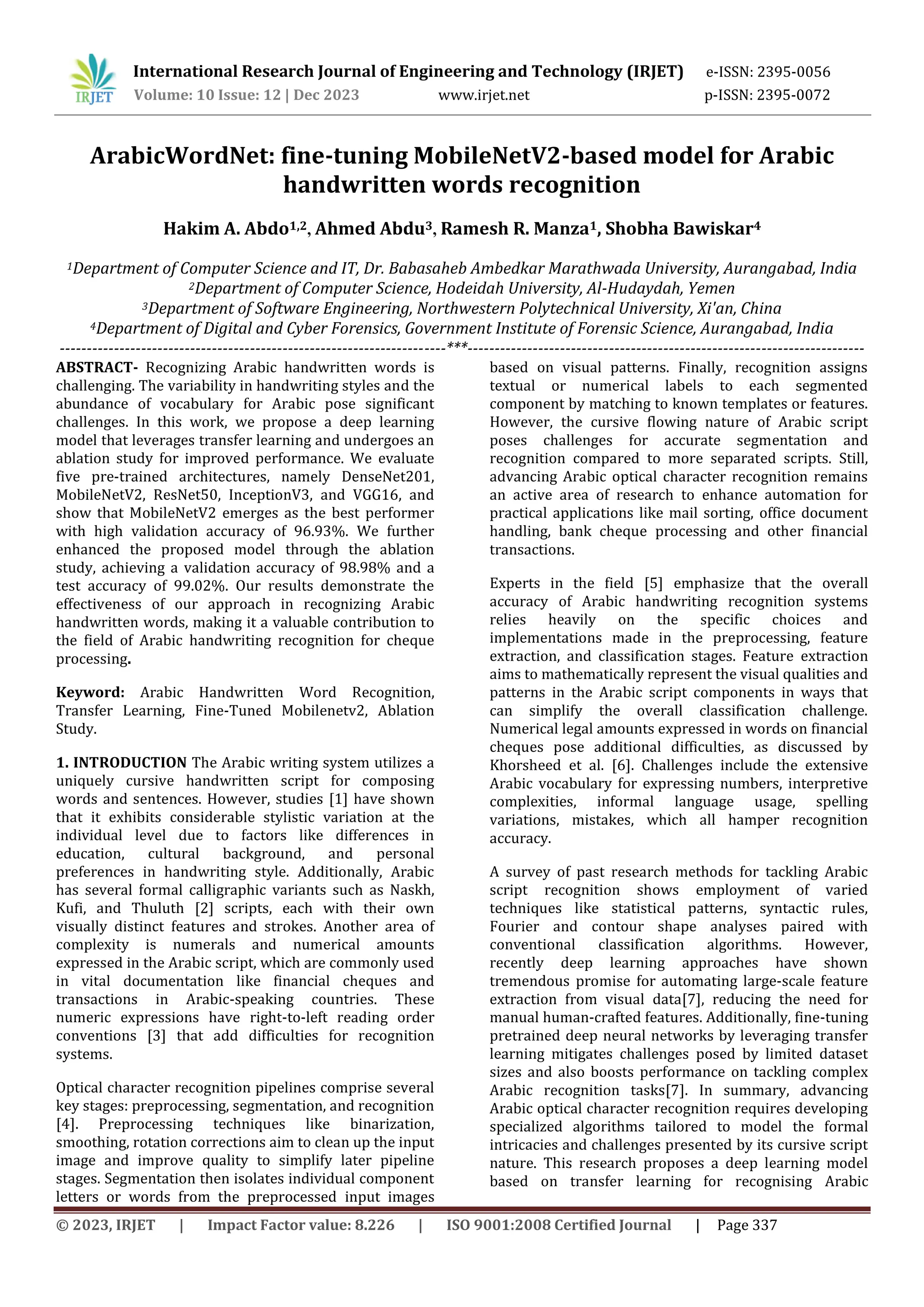 ArabicWordNet: fine-tuning MobileNetV2-based model for Arabic Handwritten Words Recognition ...