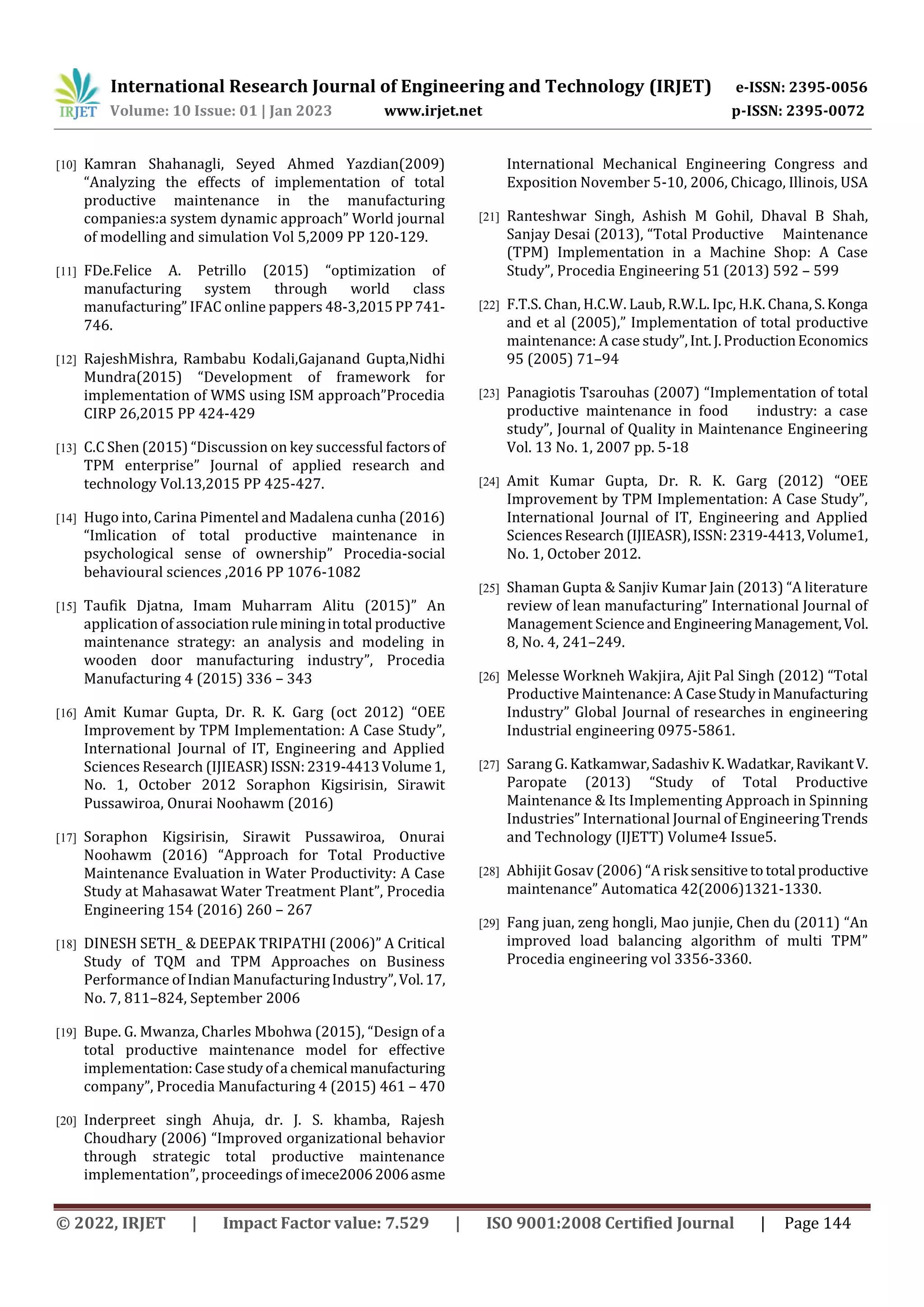 Challenges in implementing Total Productive Maintenance in Indian Manufacturing Industries – A ...