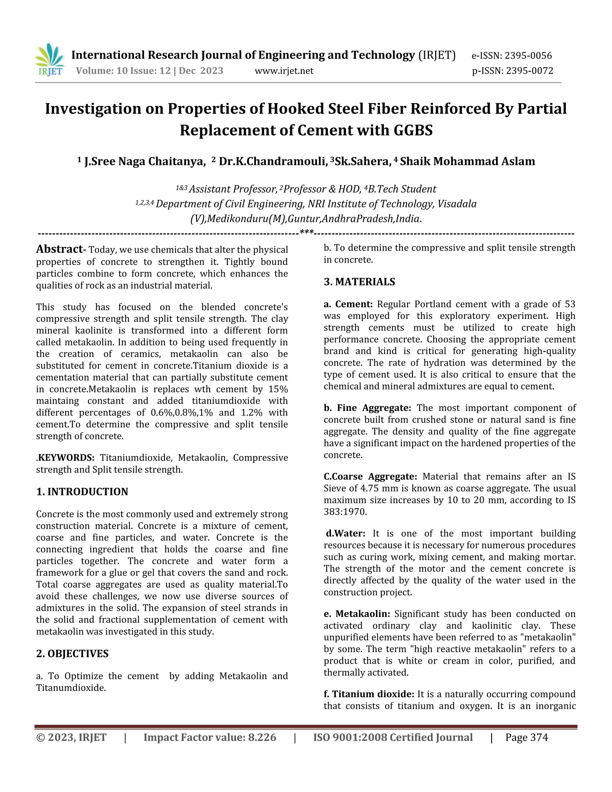 Investigation on Properties of Hooked Steel Fiber Reinforced By Partial Replacement of Cement ...