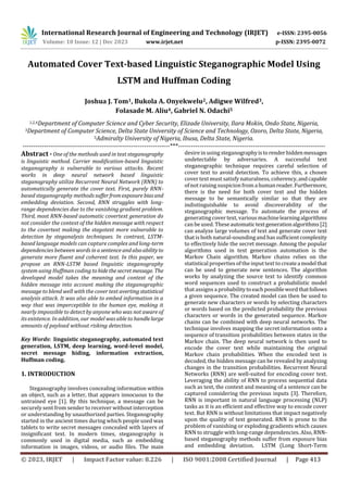 Automated Cover Text-based Linguistic Steganographic Model Using LSTM and Huffman Coding | PDF