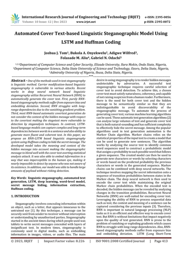 Automated Cover Text Based Linguistic Steganographic Model Using Lstm And Huffman Coding Pdf