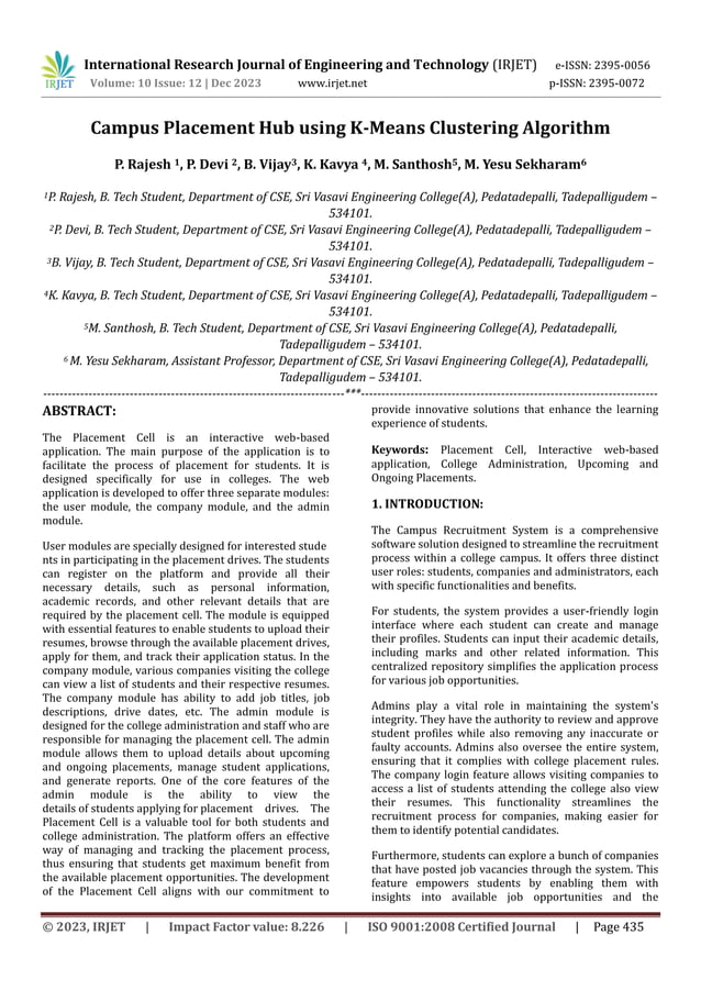 Campus Placement Hub using K-Means Clustering Algorithm | PDF