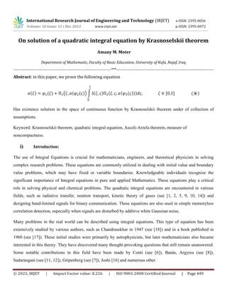 On solution of a quadratic integral equation by Krasnoselskii theorem | PDF